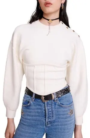 Maje Crop Lantern Sleeve Sweater With Corset Detail