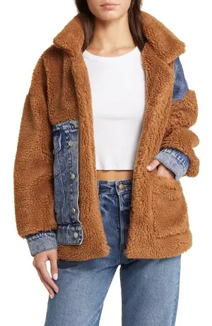 Blanknyc Denim Patchwork Faux Shearling Teddy Coat