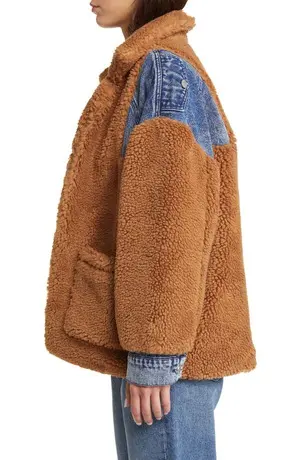 Blanknyc Denim Patchwork Faux Shearling Teddy Coat