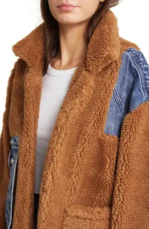 Blanknyc Denim Patchwork Faux Shearling Teddy Coat