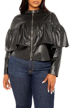 BUXOM COUTURE Ruffle Faux Leather Jacket