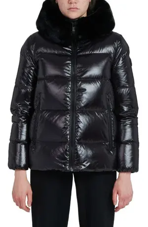 THE RECYCLED PLANET COMPANY Water Resistant Nylon Down Puffer Coat With Faux Fur Trim - Black
