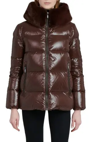 THE RECYCLED PLANET COMPANY Water Resistant Nylon Down Puffer Coat With Faux Fur Trim - Dark Coffee