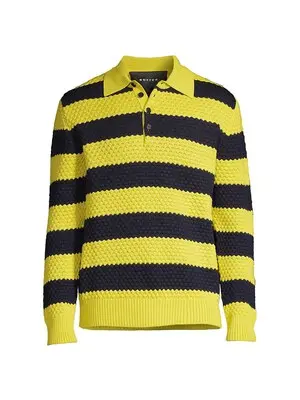 BOTTER Men's Striped Textured Knit Polo Sweater - Yellow Dark  - Yellow Dark