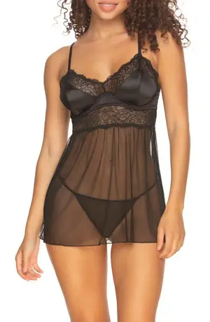 BLACK BOW Heat Babydoll Underwire Chemise & G-string - Black