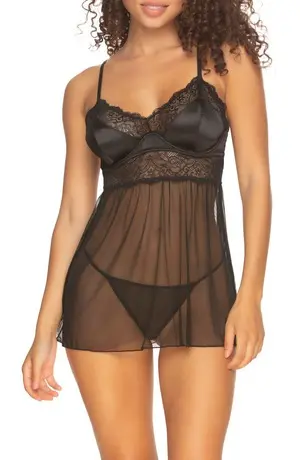 BLACK BOW Heat Babydoll Underwire Chemise & G-string - Black