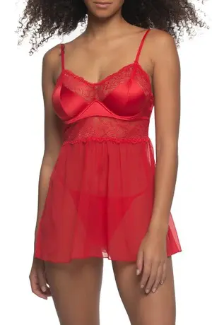 BLACK BOW Heat Babydoll Underwire Chemise & G-string - Lychee