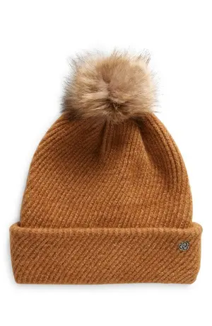 Zella Zella Cozy Heather Beanie With Faux Fur Pompom Brown Fawn