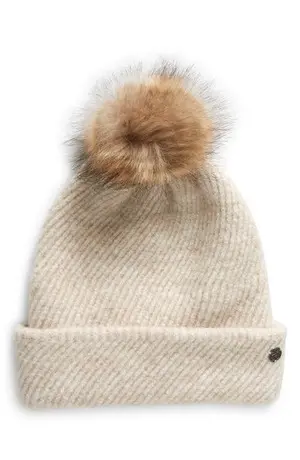 Zella Cozy Heather Beanie With Faux Fur Pompom - Ivory Egret