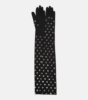 Alaïa Eyelet Embellished Jersey Gloves - Black