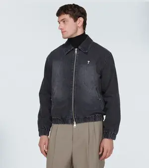 Ami Paris De Coeur Denim Bomber Jacket In Black - 30% Off
