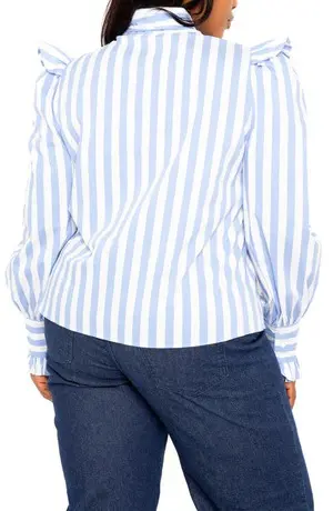BUXOM COUTURE Stripe Ruffle Bow Neck Shirt - Blue