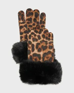 Sofia Cashmere Sofia Cashmere Leopard Print Gloves With Faux Fur Cuffs - Camel Leopard