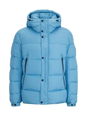BOSS Water-Repellent Hooded Puffer Jacket With Logo Badge - Light Blue