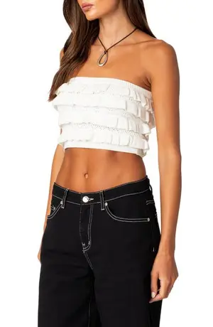 EDIKTED Robin Pointelle Ruffle Knit Tube Top