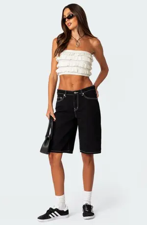 EDIKTED Robin Pointelle Ruffle Knit Tube Top