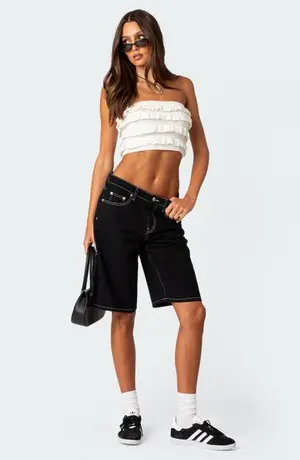 EDIKTED Robin Pointelle Ruffle Knit Tube Top