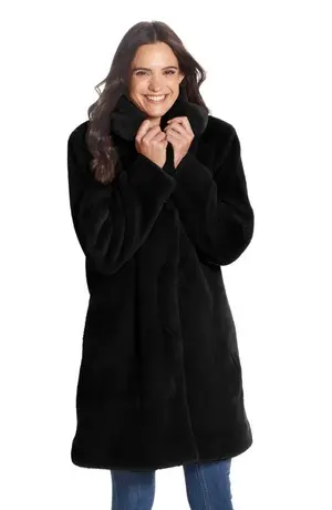 Gallery Faux Fur Coat With Shawl Collar - Black
