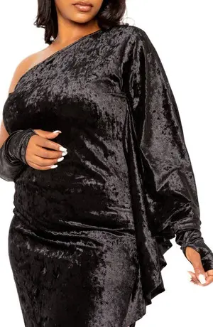 BUXOM COUTURE Crushed Velvet Asymmetric Dress & Gloves - Black