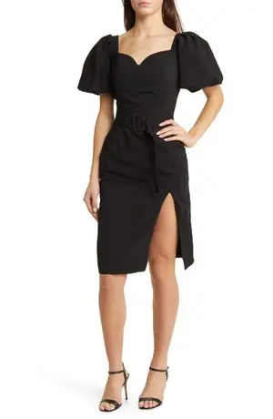 NIKKI LUND Bonnie Puff Sleeve Belted Sheath Dress