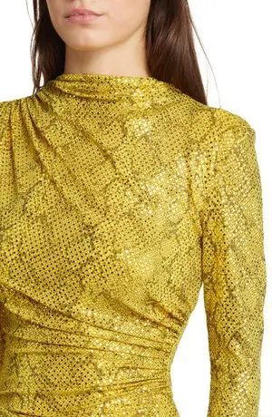 NIKKI LUND Sequin Ruched Asymmetric Long Sleeve Dress
