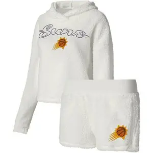 COLLEGE CONCEPTS Phoenix Suns Fluffy Long Sleeve Hoodie T-shirt & Shorts Sleep Set - Cream
