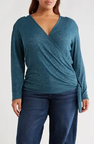 Loveappella Wrap Front Side Tie Knit Top - Teal