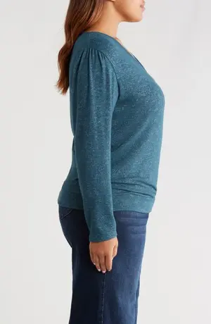 Loveappella Wrap Front Side Tie Knit Top - Teal