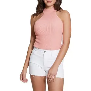 Guess Sleeveless Ribbed Mock Neck Sweater Pink