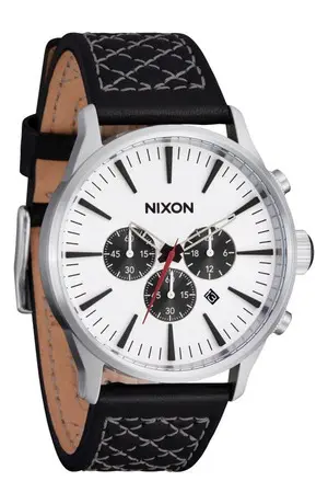Nixon Sentry Chronograph Leather Strap Watch - Chrome/cloud Sunray/black