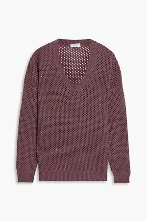 Brunello Cucinelli Sequinembellished Openknit Cashmere And Silkblend Sweater - Grape