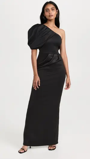 Black Halo Egan Gown One Shoulder Puff Sleeve Maxi Dress