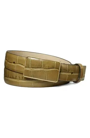 Tory Burch Tory Burch Croc Embossed Leather Plate Belt Coconut Shell