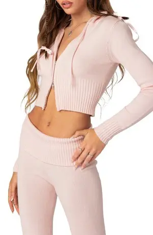 EDIKTED Desiree Cropped Ribbed Cardigan With Drawstring Hood