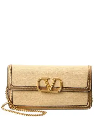 Valentino Garavani Valentino Vsling Raffia & Leather Wallet On Chain - Gold