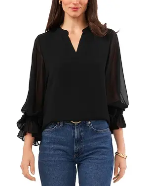 Vince Camuto V Neck Sheer Sleeve Top - Rich Black