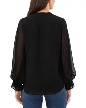 Vince Camuto V Neck Sheer Sleeve Top - Rich Black