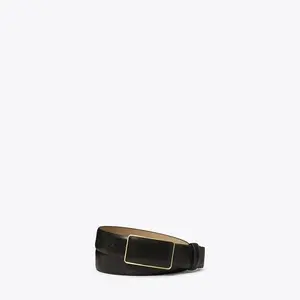 Tory Burch 1.5" Smooth Leather Plate Belt Black/gold