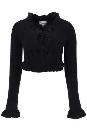 GANNI Cropped Cardigan With Frills - Black