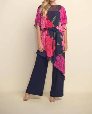 Joseph Ribkoff Floral Chiffon Jumpsuit In Navy/multi - Blue