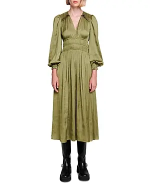 maje green satin dress Satin dress, tie for gathering Green For Women