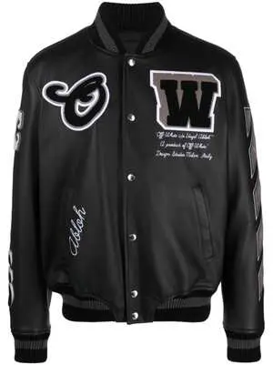 Off-White Logo-embroidered Leather Varsity Jacket - Black