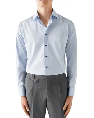 Eton Contemporary Fit Twill Shirt With Contrast Buttons - Blue