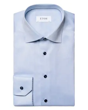 Eton Contemporary Fit Twill Shirt With Contrast Buttons - Blue