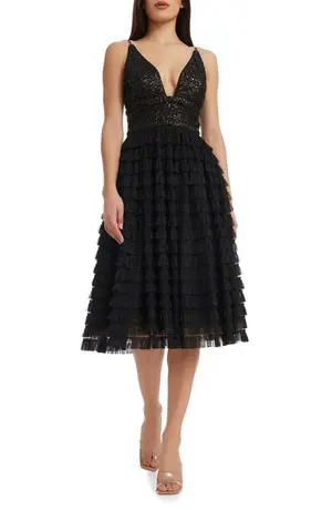 Dress The Population Becca Sequin & Tulle Tiered Dress - Black
