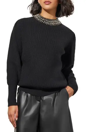 Ming Wang Contrast Trim Balloon Sleeve Sweater
