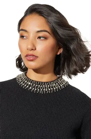 Ming Wang Contrast Trim Balloon Sleeve Sweater