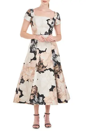KAY UNGER Hollis Metallic Floral Cocktail Midi Dress