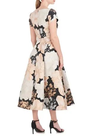 KAY UNGER Hollis Metallic Floral Cocktail Midi Dress