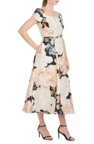 KAY UNGER Hollis Metallic Floral Cocktail Midi Dress